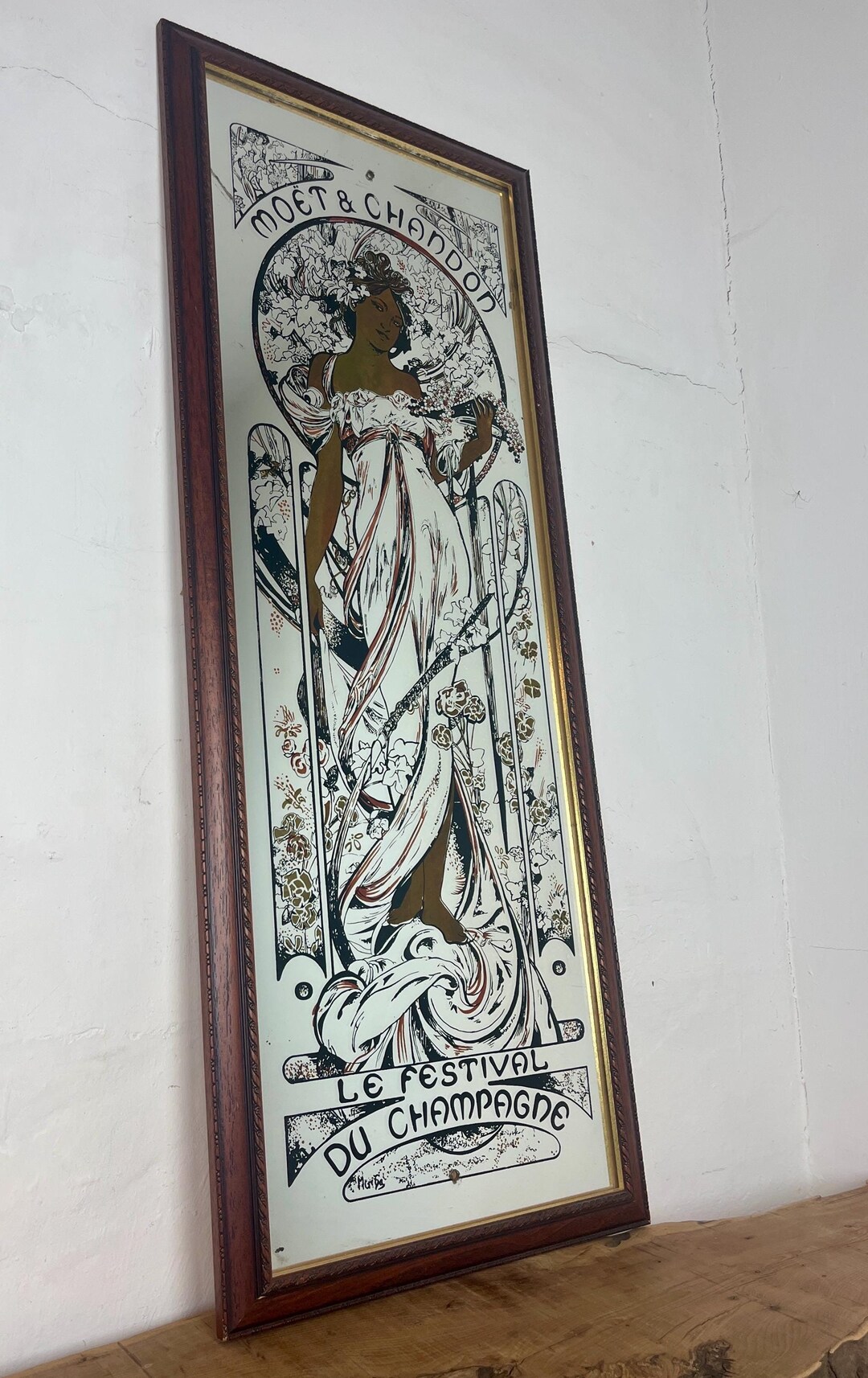 Beautiful Vintage Mucha Moët and Chandon Champagne Mirror Sign, Art ...