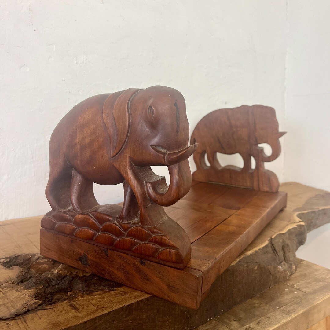Vintage Carved Elephants Bookends, Safari Figure, Wooden Artwork, Study ...