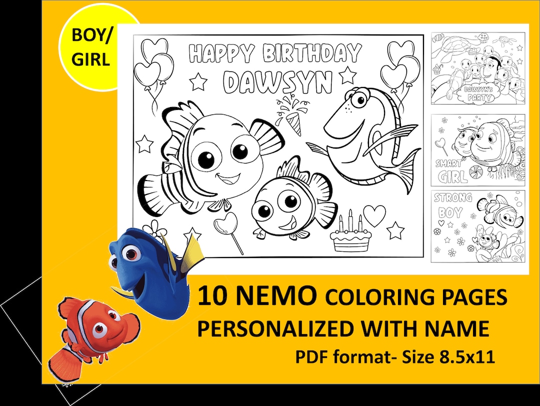 10 Printable Nemo Coloring Page for Birthday Personalized With Name PDF ...