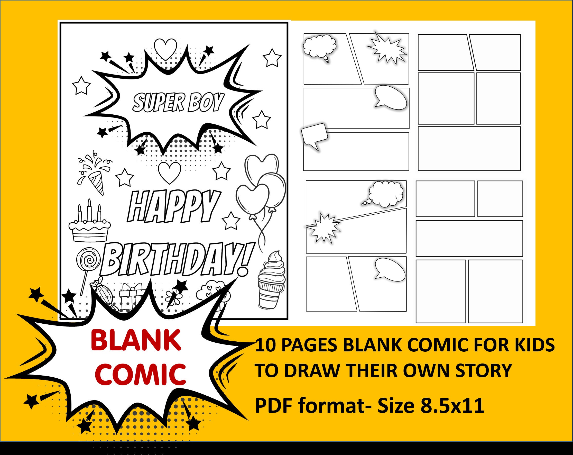 10 Pages Blank Comic for Kids, Boy, Girl, Special Gift for Birthday - Etsy