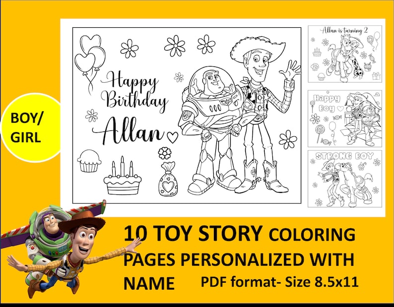 10 Printable Toy Story Coloring Page for Birthday Personalized - Etsy ...