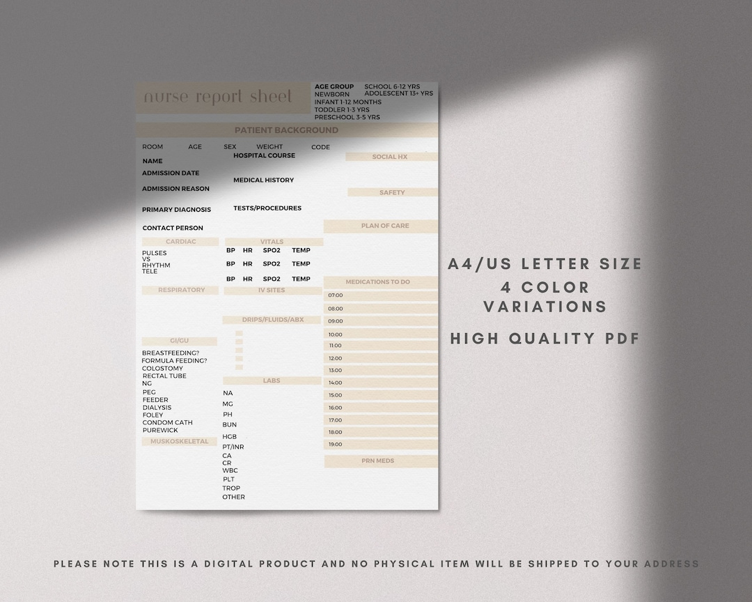Pediatric Nurse Report Sheet, Pediatric Handover Sheet, Pediatric Nurse ...