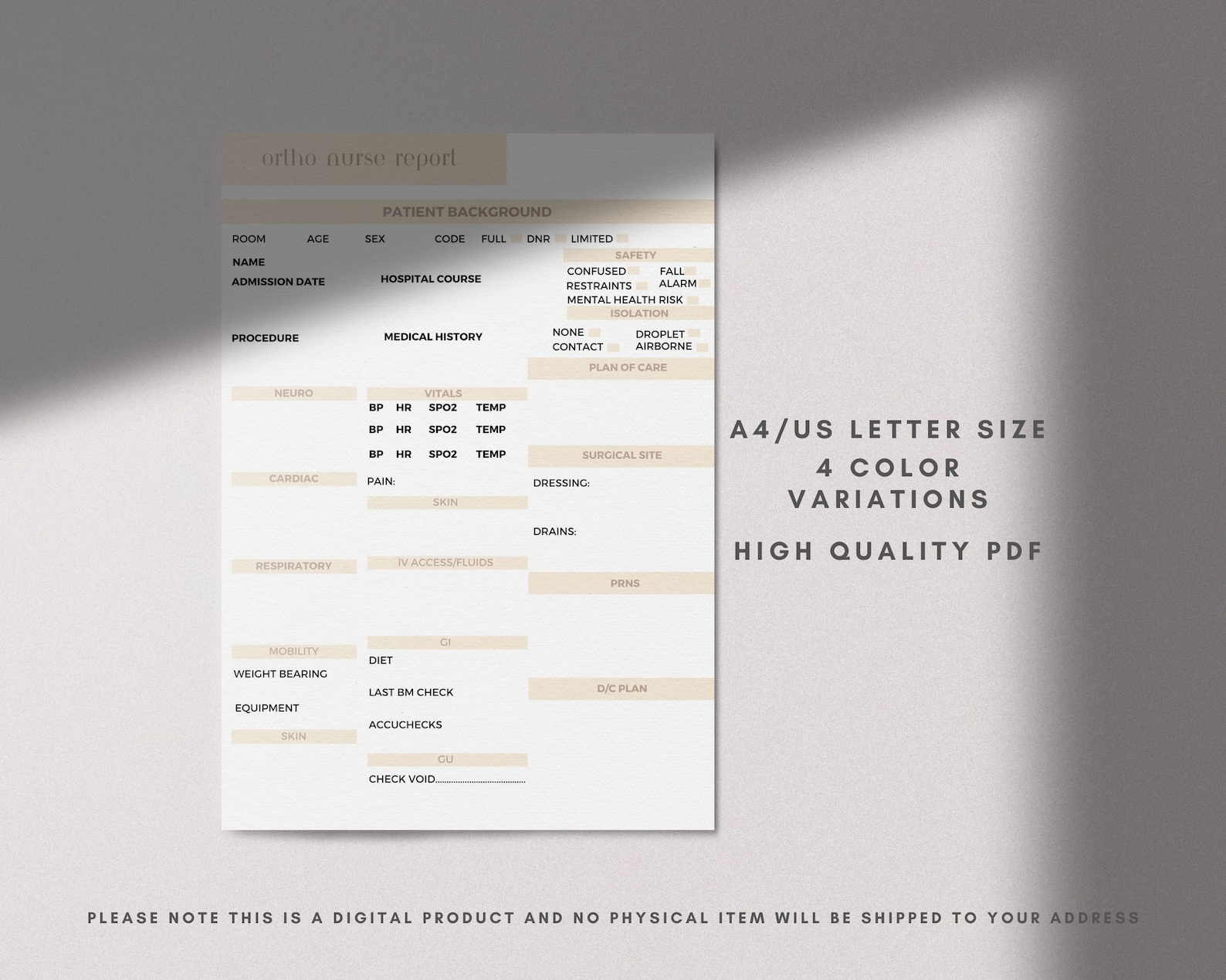Ortho Nurse Report Printable Nursing Report Sheet Post Op Nurse Report ...