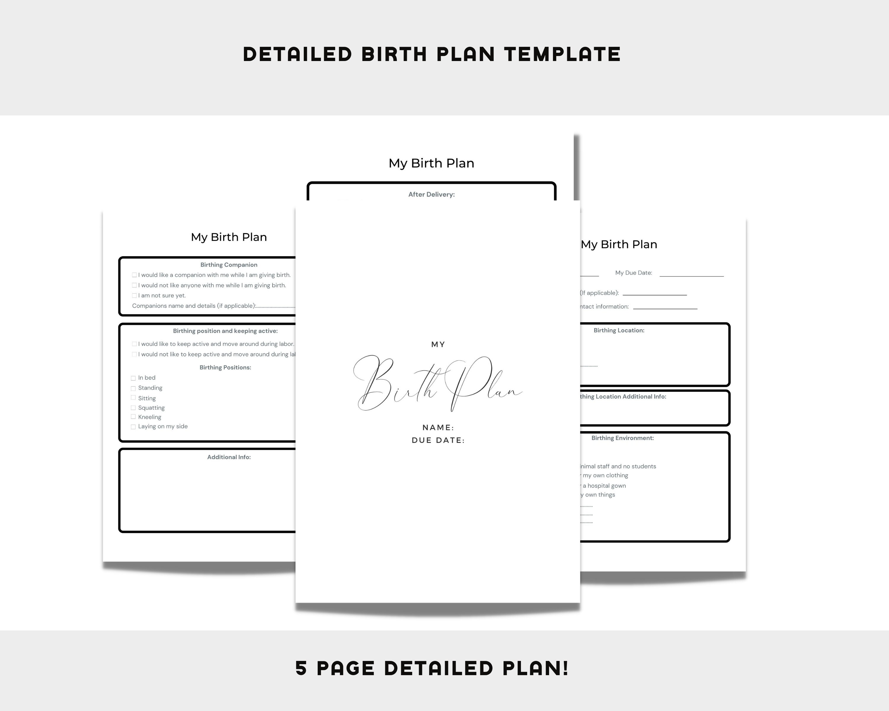 Birth Plan Template Printable Birth Plan Detailed 5 Page Plan Labor and ...