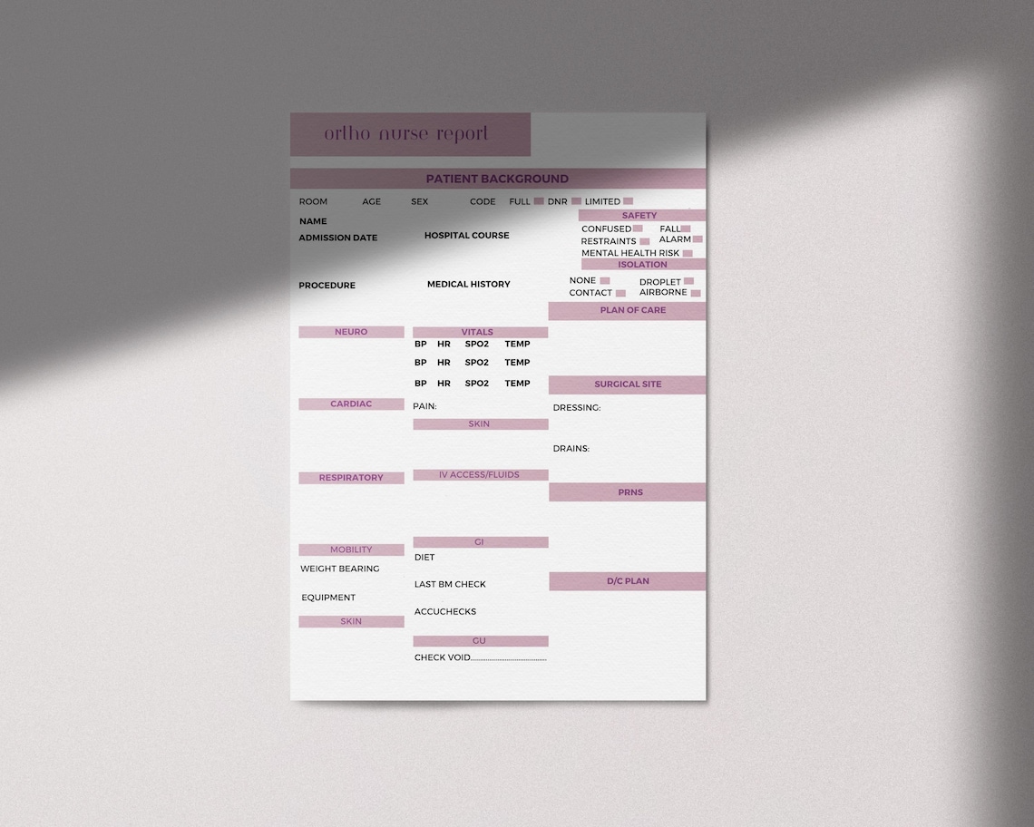 Ortho Nurse Report Printable Nursing Report Sheet Post Op Nurse Report ...