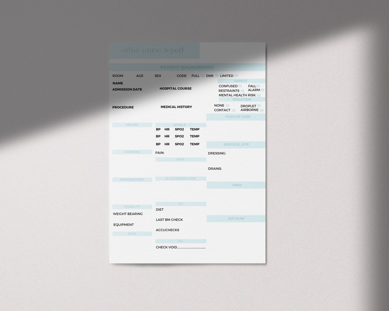 Ortho Nurse Report Printable Nursing Report Sheet Post Op Nurse Report ...