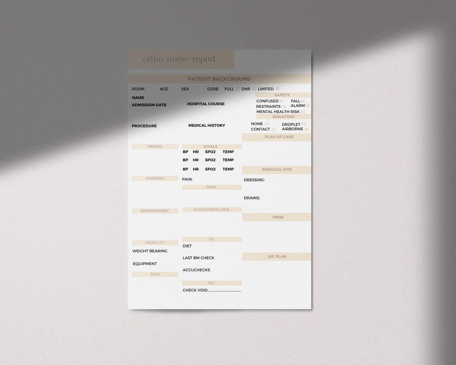 Ortho Nurse Report Printable Nursing Report Sheet Post Op Nurse Report ...