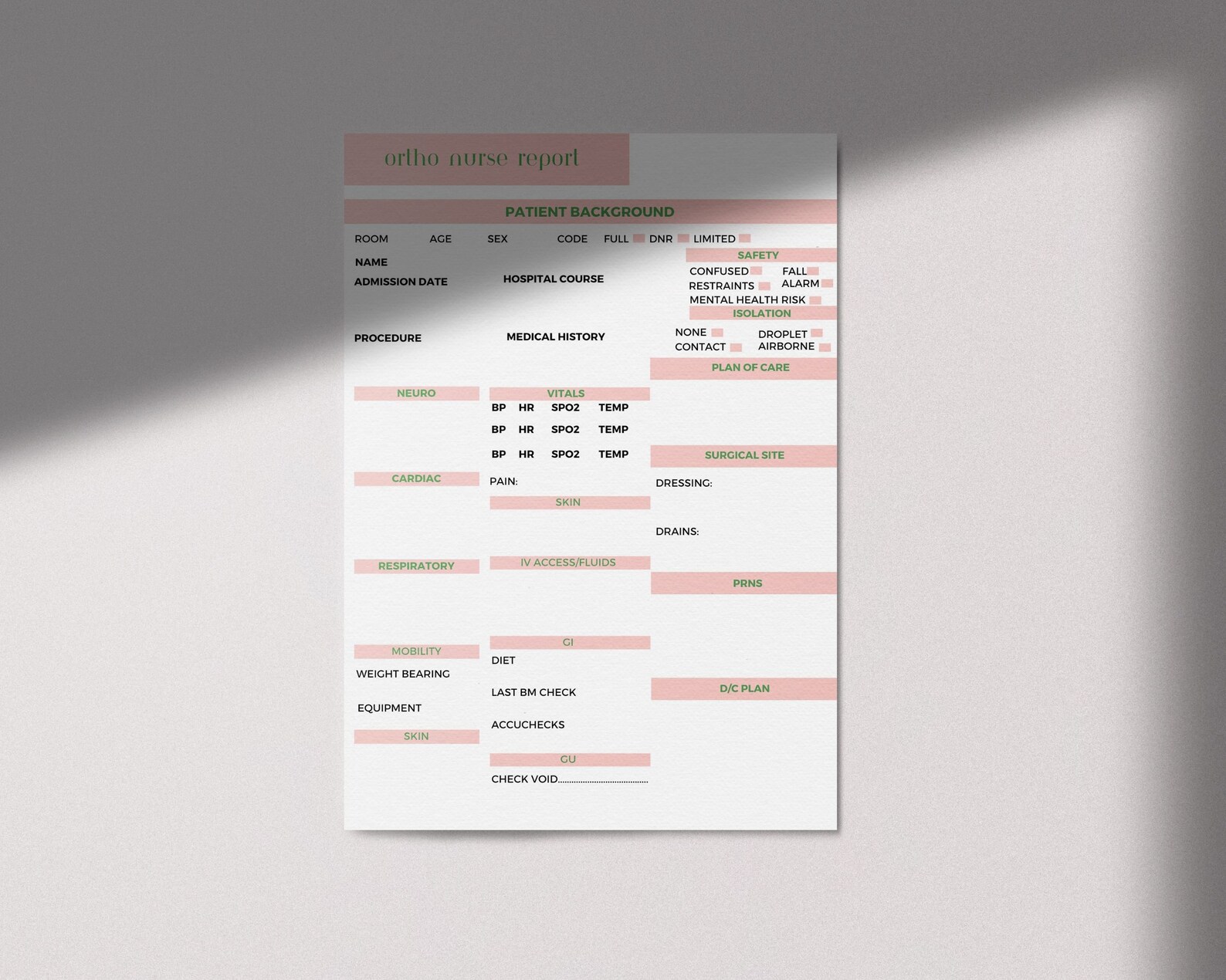 Ortho Nurse Report Printable Nursing Report Sheet Post Op Nurse Report ...