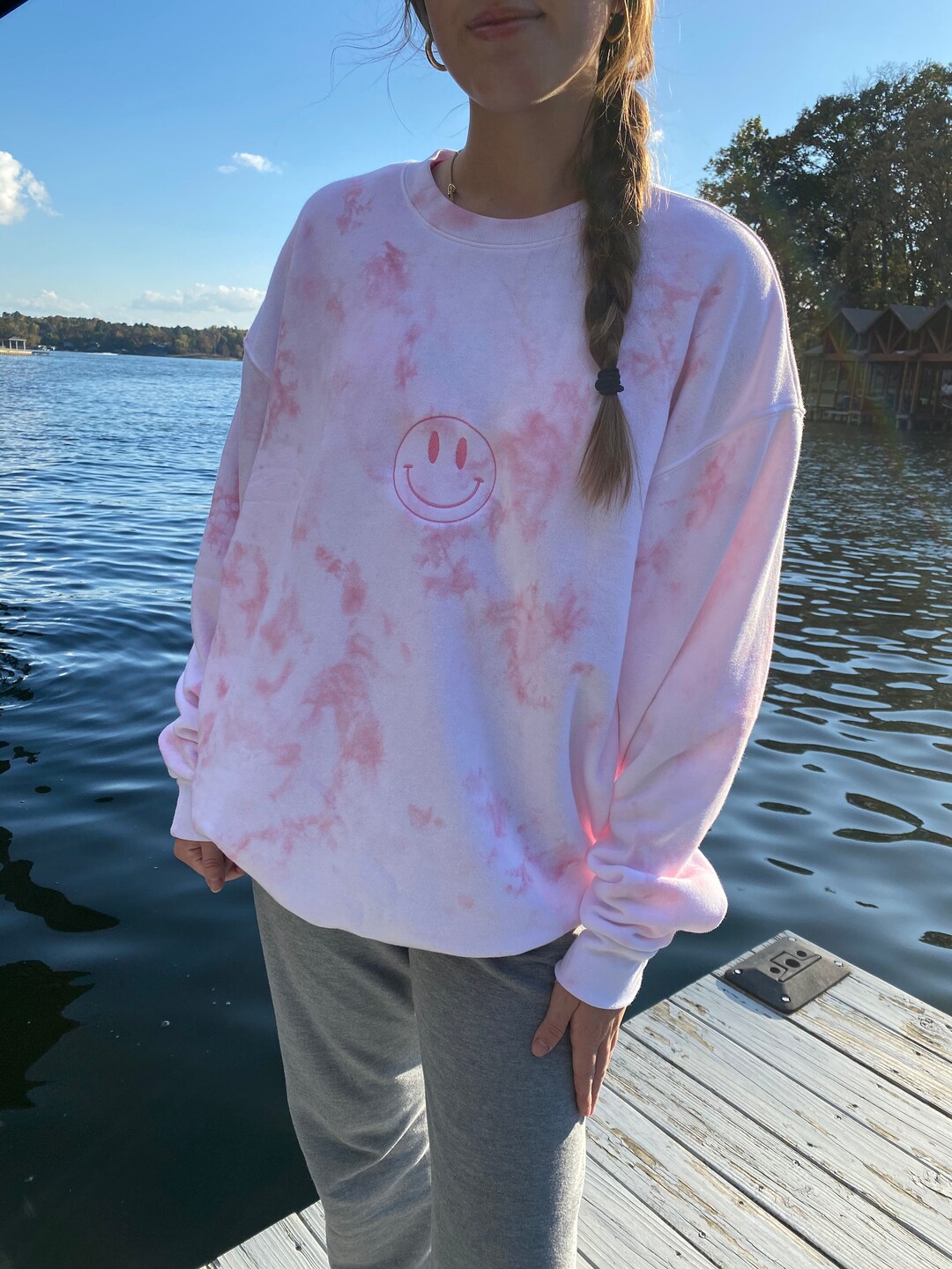 Pink Tie Dye Embroidered Smiley Crew - Etsy