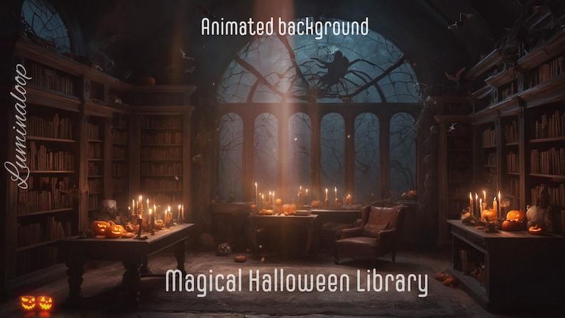 ANIMATED BACKGROUND | Magical Halloween Library | Lofi Cozy Ambience ...
