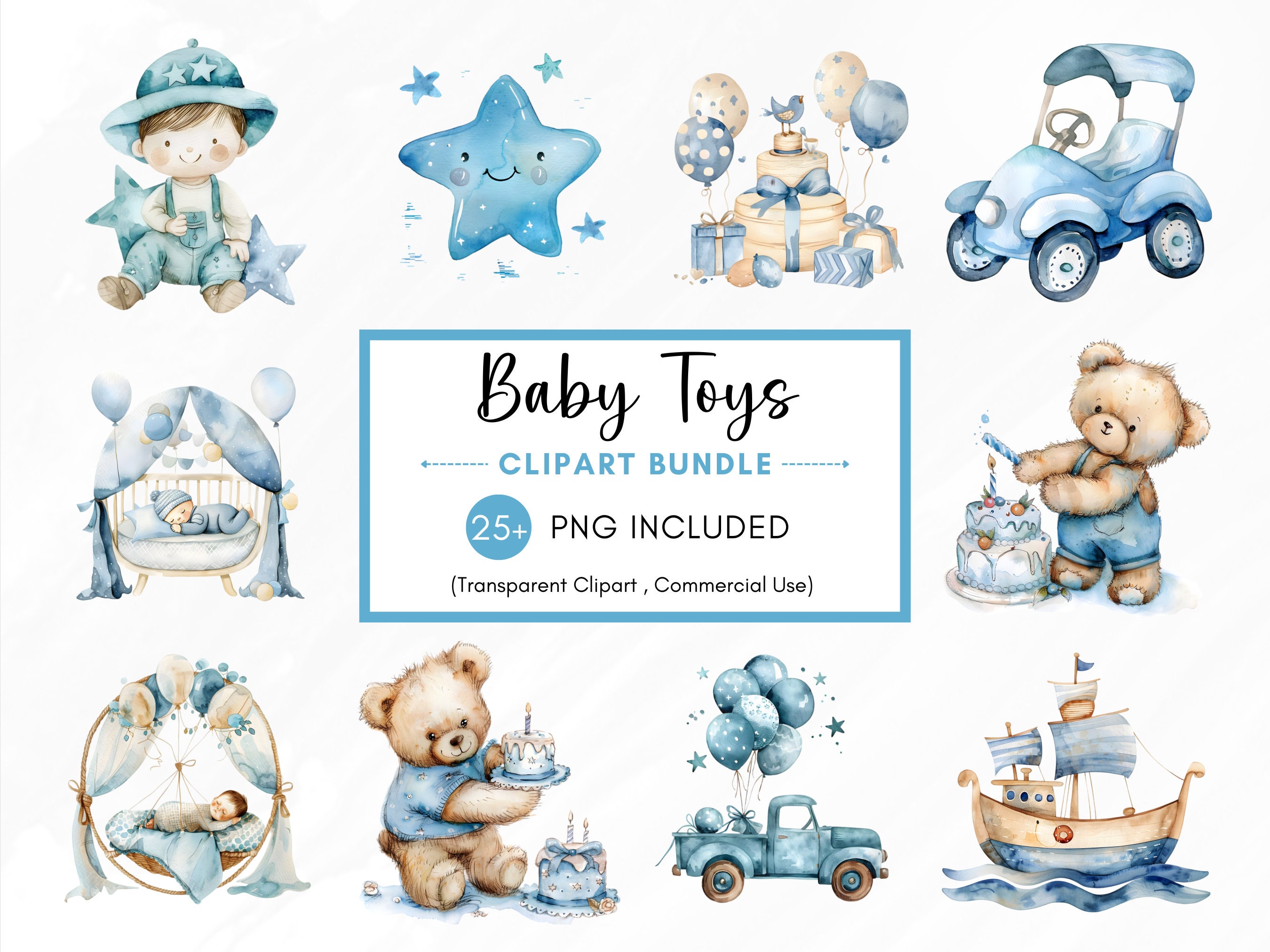 Baby Boy Toys Clipart, Boy Baby Shower Cliparts Bundle, Gender Reveal ...