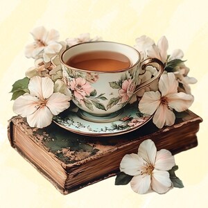 Coffee and Books Clipart Bundle, 30 Floral Vintage Coffee Mug and Book ...