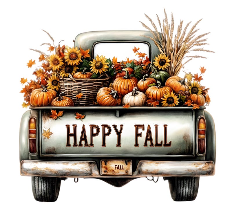 Vintage Green Truck Fall Harvest Clipart Bundle, Autumn Farm Truck With ...