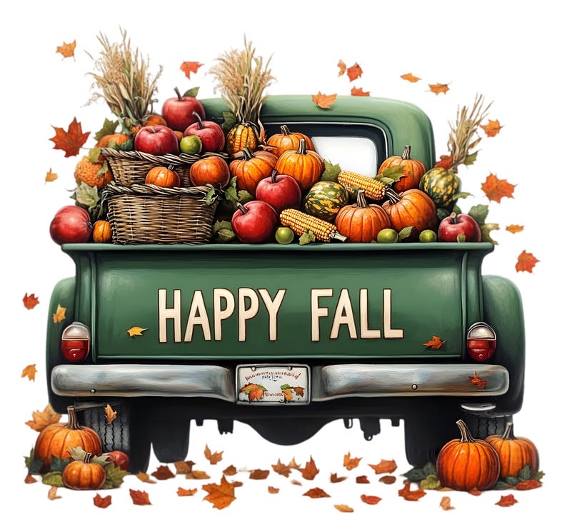 Vintage Green Truck Fall Harvest Clipart Bundle, Autumn Farm Truck With ...