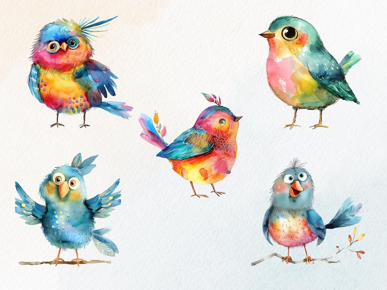 30 Cute Whimsical Bird Clipart, Funny Bird Clipart, Watercolor Clipart ...
