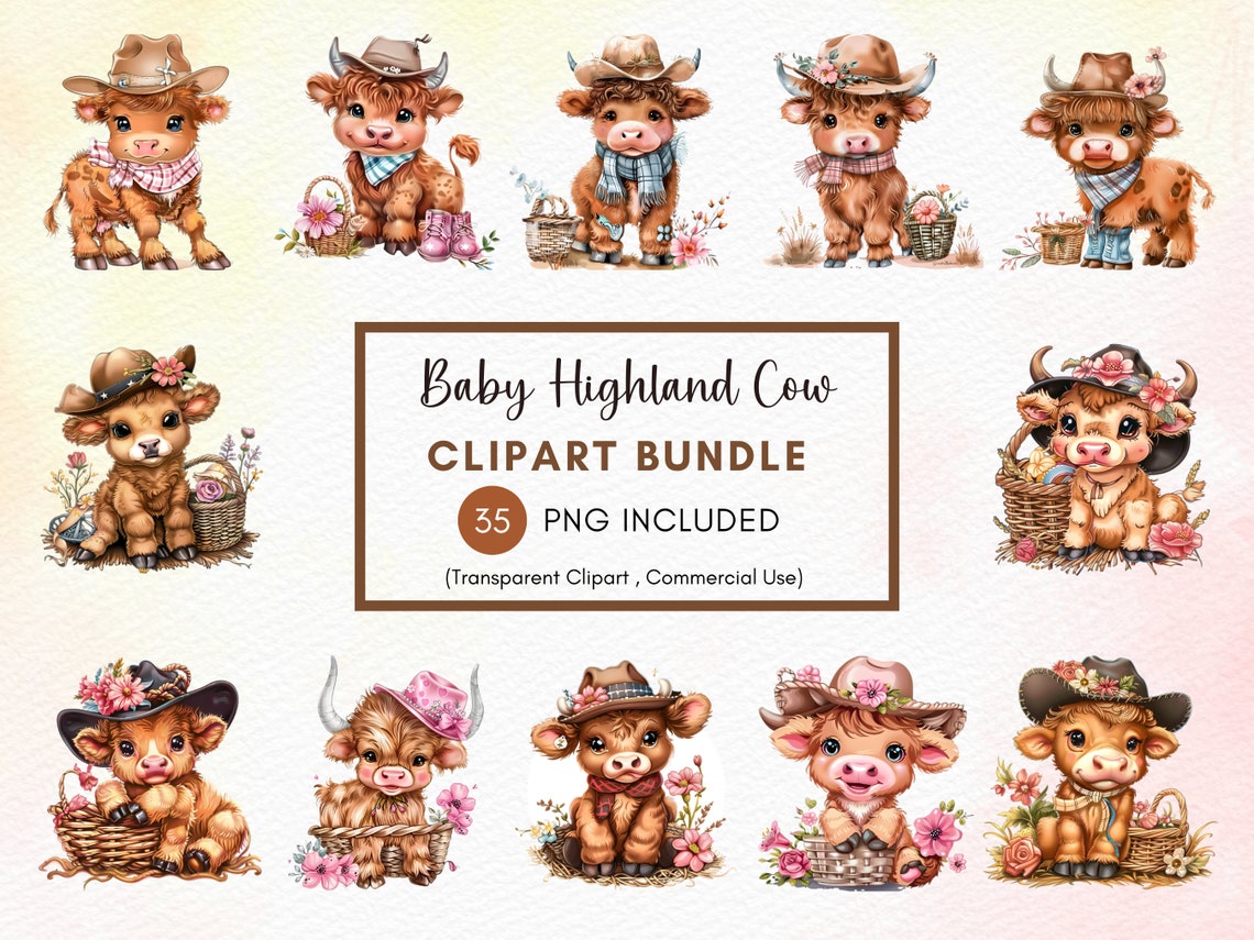 Baby Highland Cow Clipart, Baby Animals Clipart, Highland Cattles, Cute ...