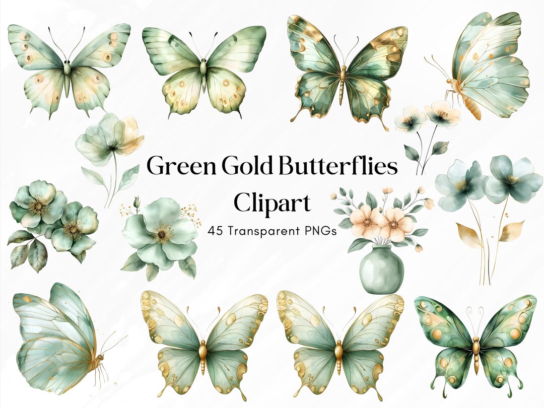Green Gold Butterflies Clipart Bundle, Butterfly Clip Art, 45 ...