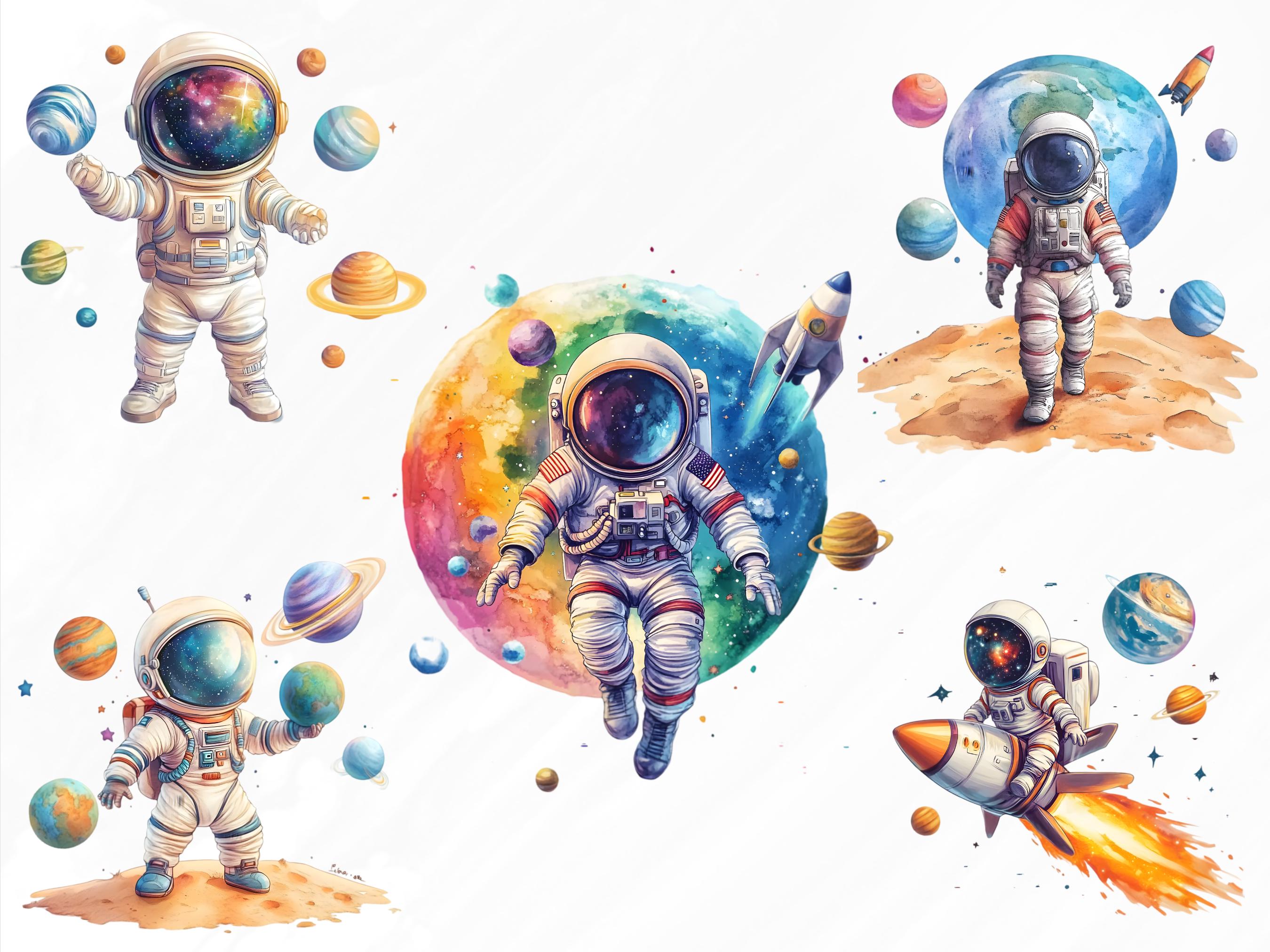 Watercolor Astronaut Clipart Bundle, Space Rocket PNG (digital Download ...