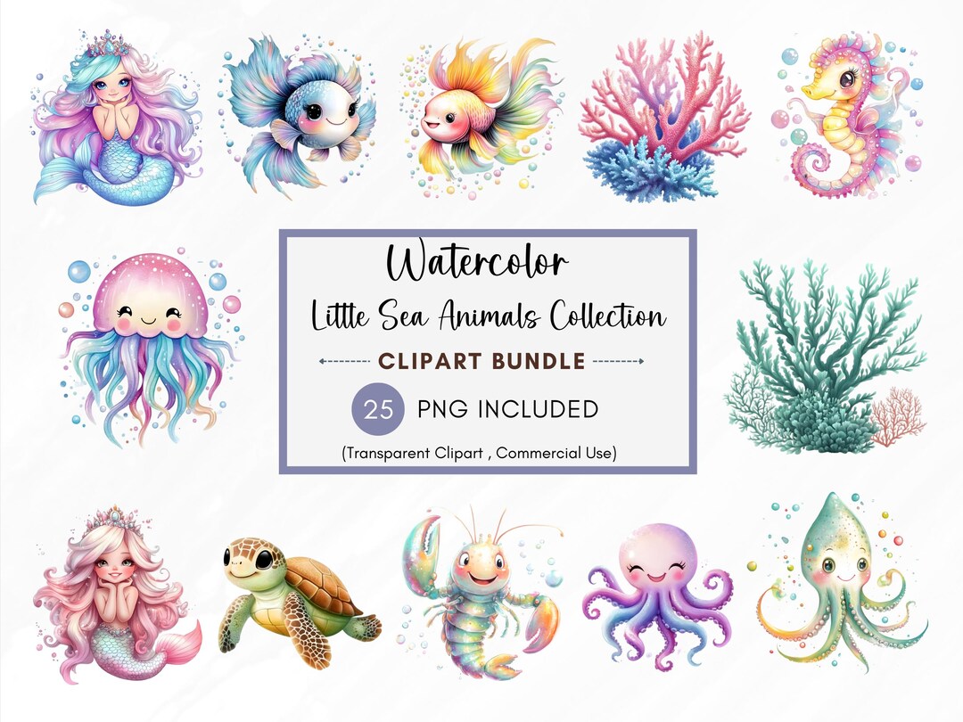 Little Sea Animals Collection Clipart, Undersea Watercolor Clipart ...