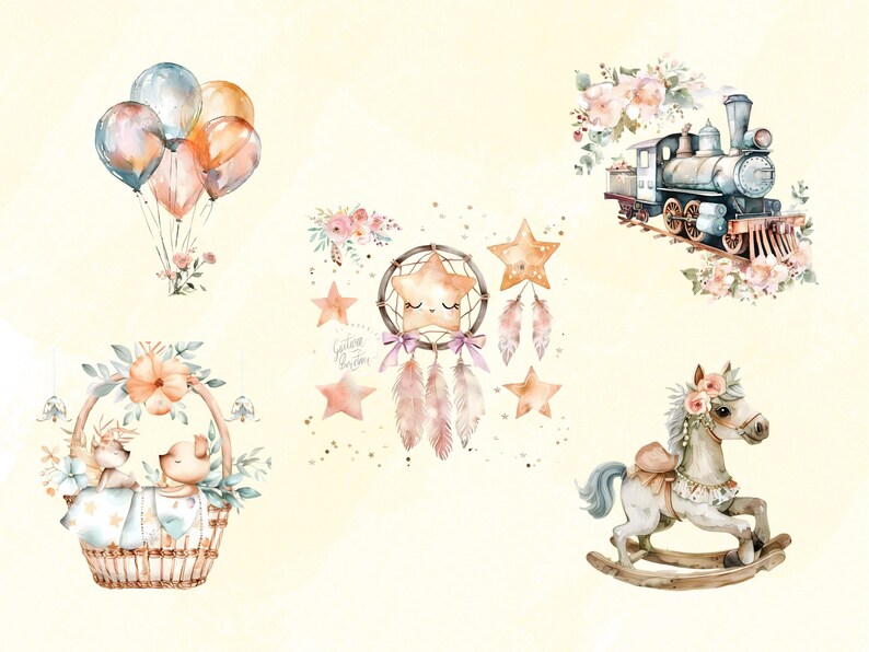 Boho Baby Shower Clipart Bundle, Watercolor Clipart, Nursery Decor PNG ...