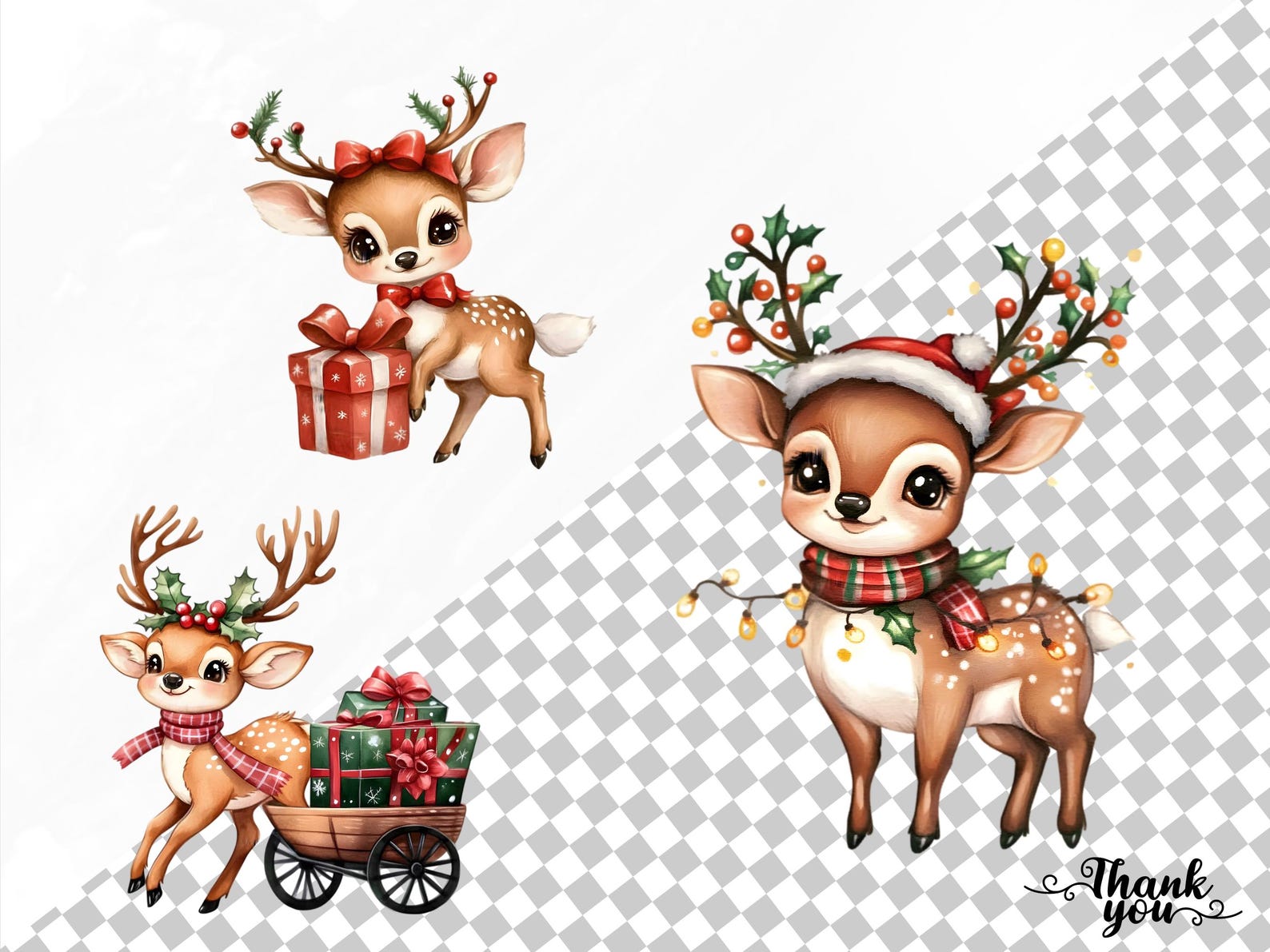 Watercolor Christmas Deer Clipart Bundle, 25 PNG Christmas Clipart ...