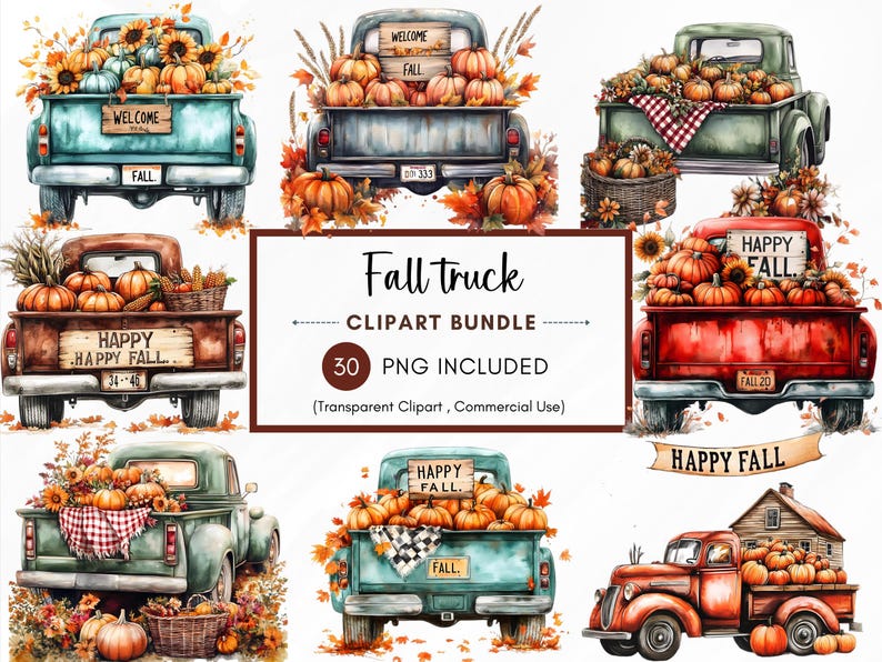 30 Fall Truck Clipart Bundle | Pumpkin & Sunflower Vintage Trucks ...