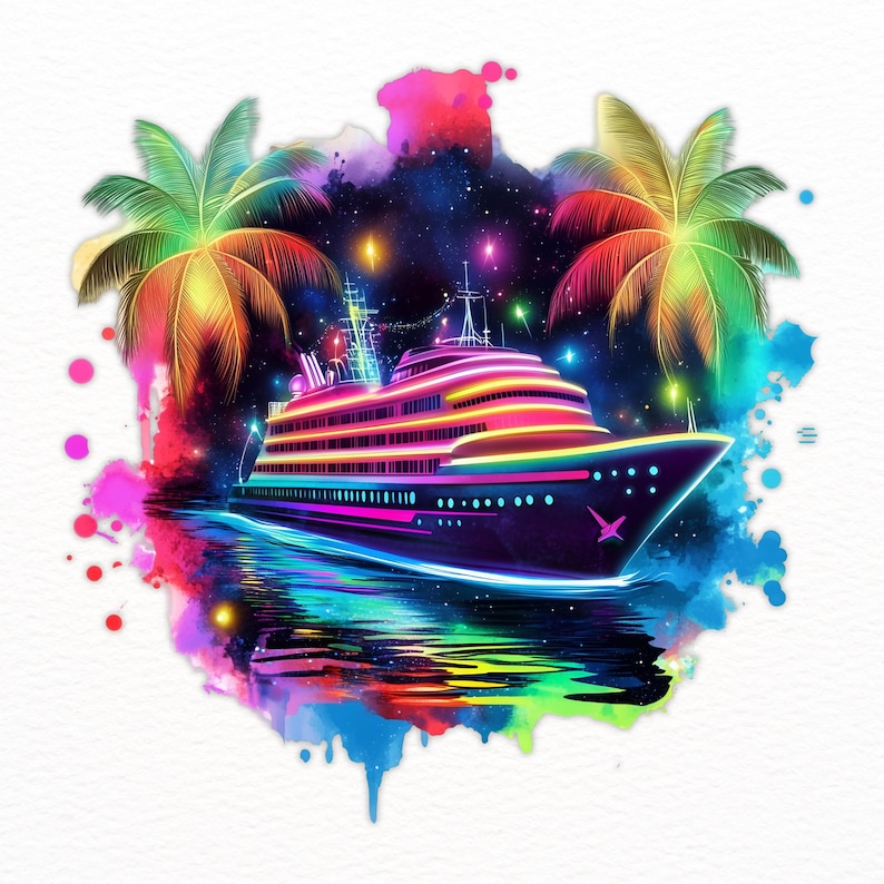 Colorful Cruise Ship PNG | Tropical Neon Boat Clipart | Palm Tree ...