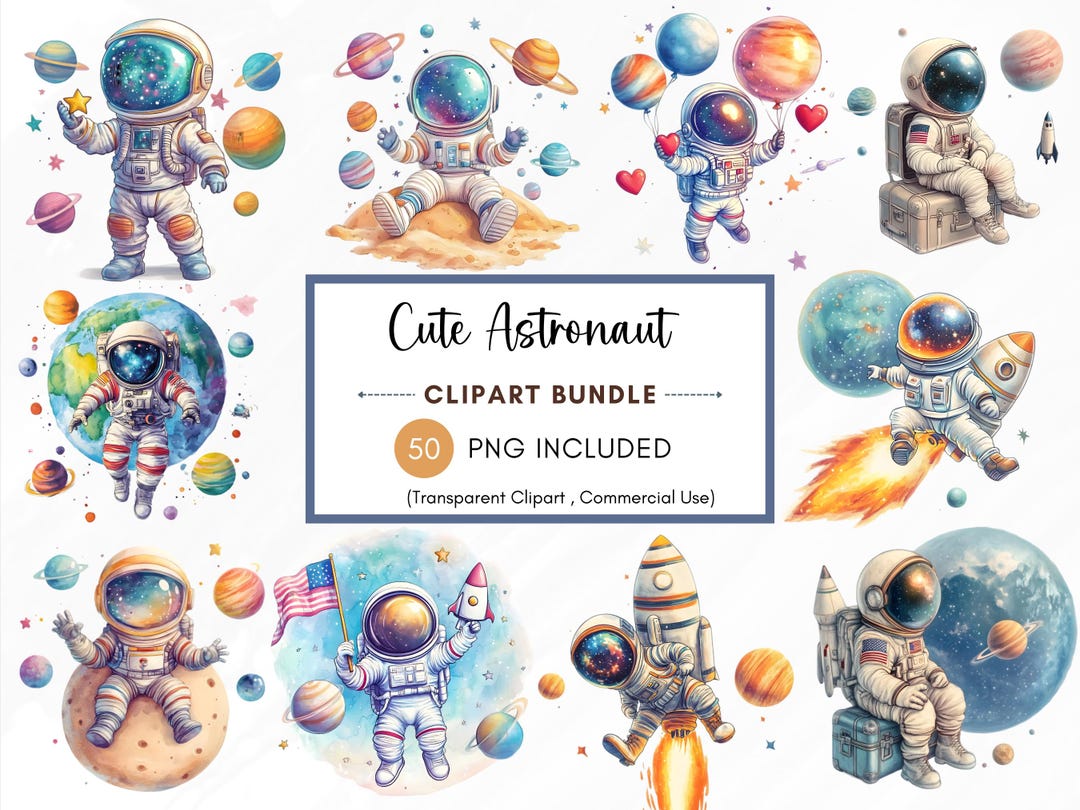 Cute Astronaut Clipart Bundle, Watercolor Astronaut Clipart, Cute Space ...