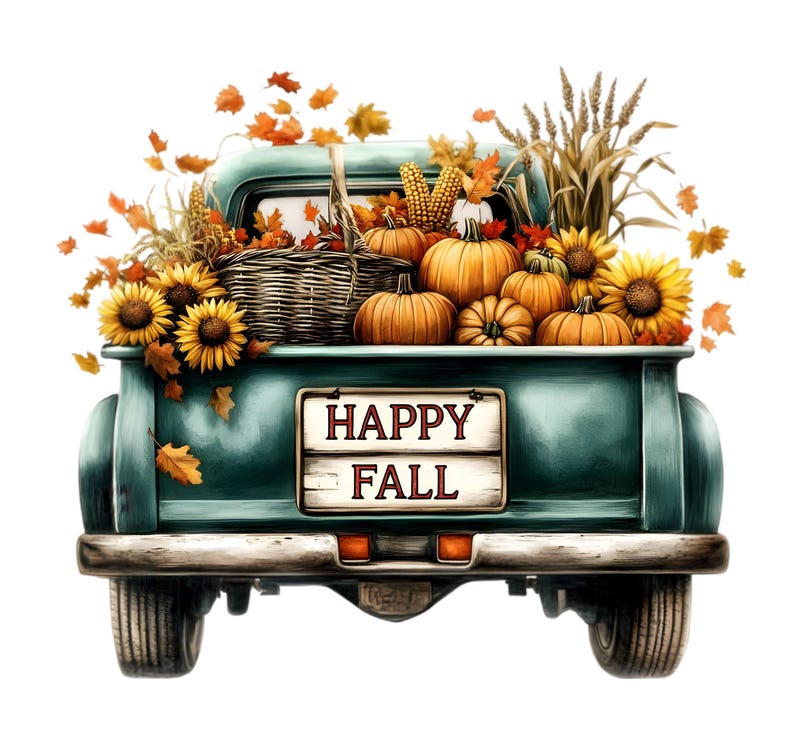 Vintage Green Truck Fall Harvest Clipart Bundle, Autumn Farm Truck With ...