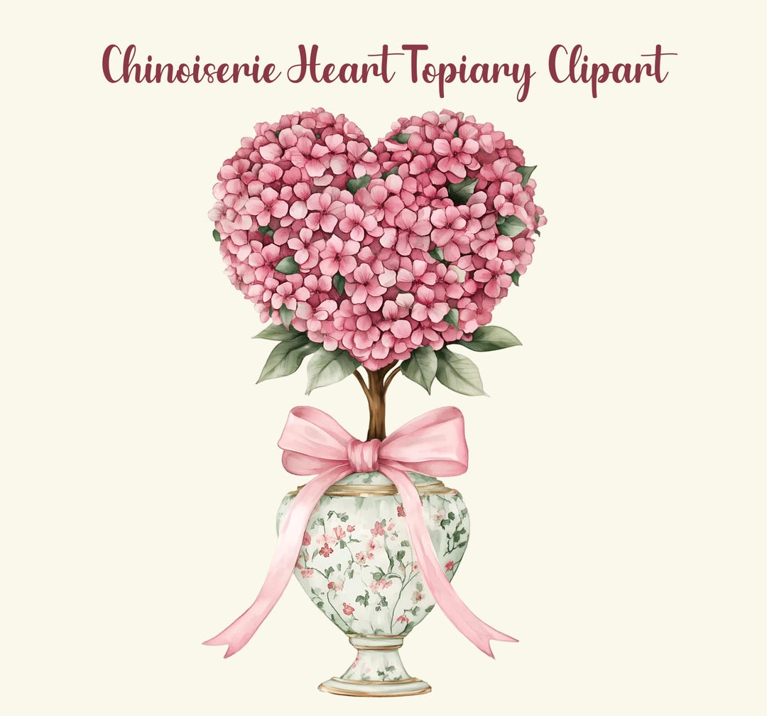 Chinoiserie Heart Topiary Clipart Bundle, Red & Pink Watercolor Floral ...