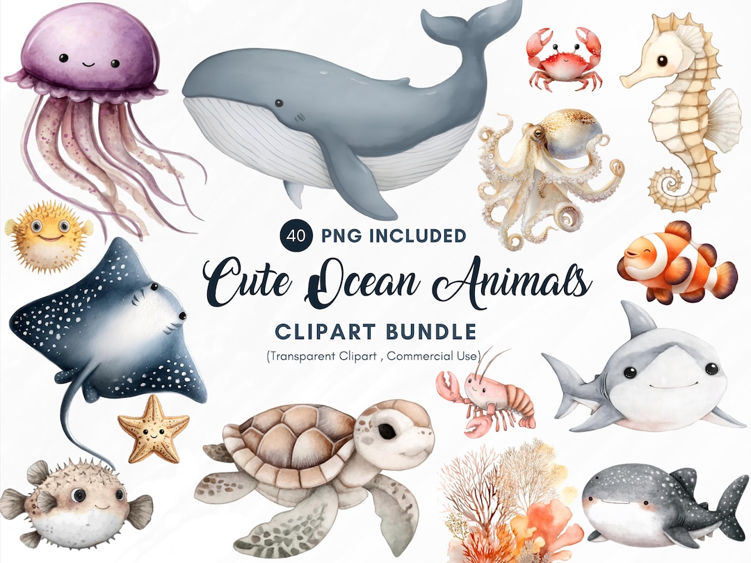 Cute Ocean Animals Clipart Bundle Watercolor Sea Creatures PNG Baby Sea ...