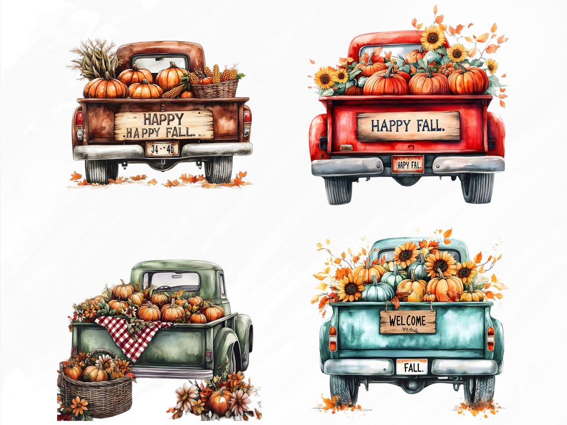 30 Fall Truck Clipart Bundle Pumpkin & Sunflower Vintage Trucks Autumn ...