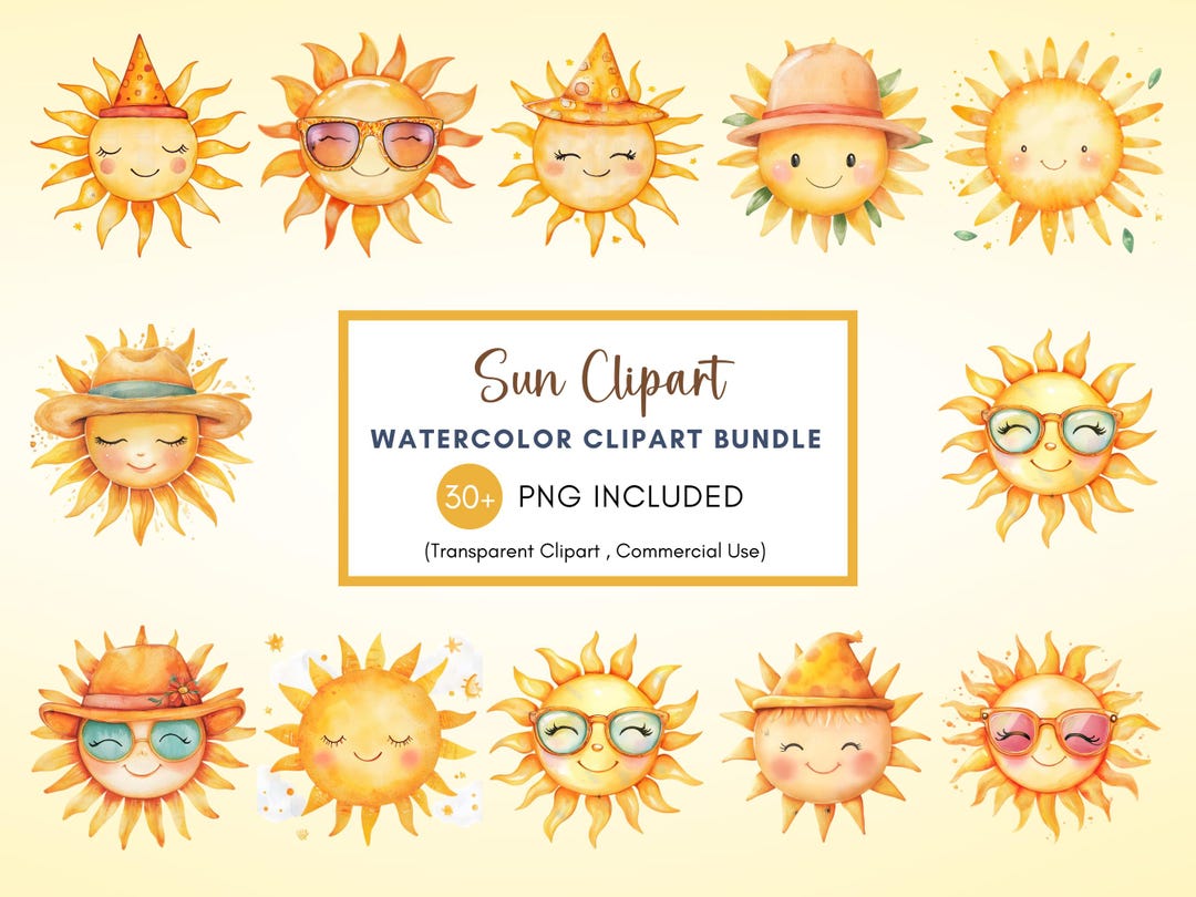 Watercolor Sun Clipart Bundle, Happy Sun Images, Boho Cute Sun PNG ...
