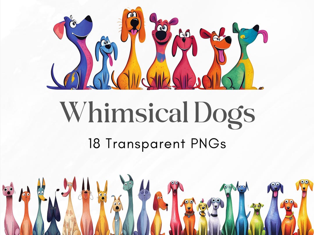 Whimsical Dog Clipart Bundle, 18 Colorful Cartoon Dog Pngs, Funny Puppy ...