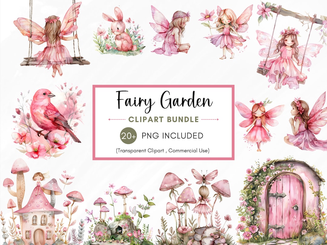 Watercolor Fairy Garden Clipart, Pink Fairy PNG, Mushroom Clipart, 30 ...