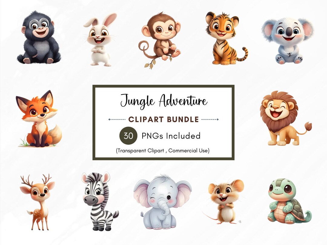 Jungle Adventure Clipart Bundle, Watercolor Animals PNG, Safari Nursery ...