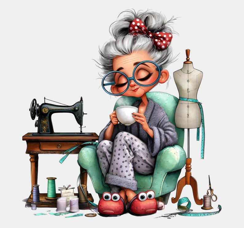 Quirky Seamstress Clipart, Funny Sewing Lady PNG, Sewing Room Clip Art ...