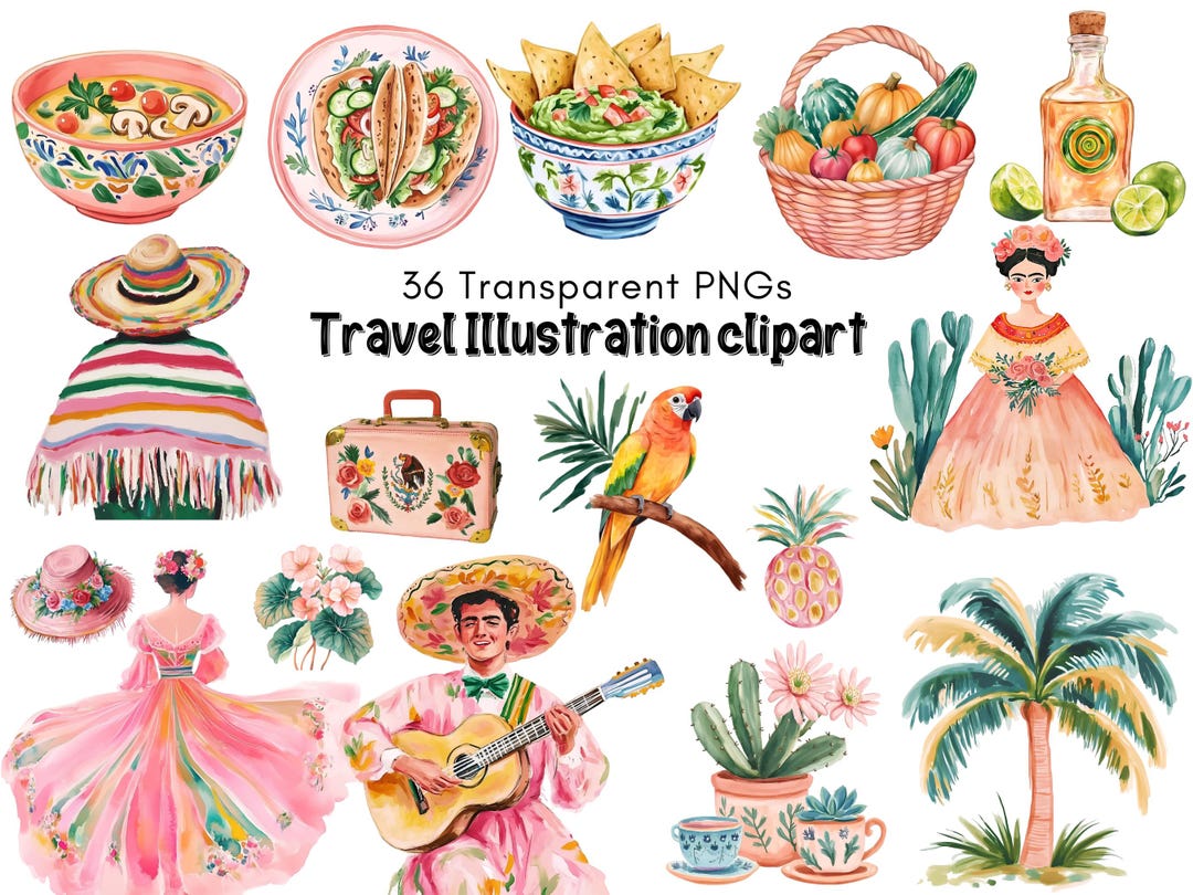 Mexican Travel Clipart Set, Fiesta Watercolor Illustrations, Cultural ...