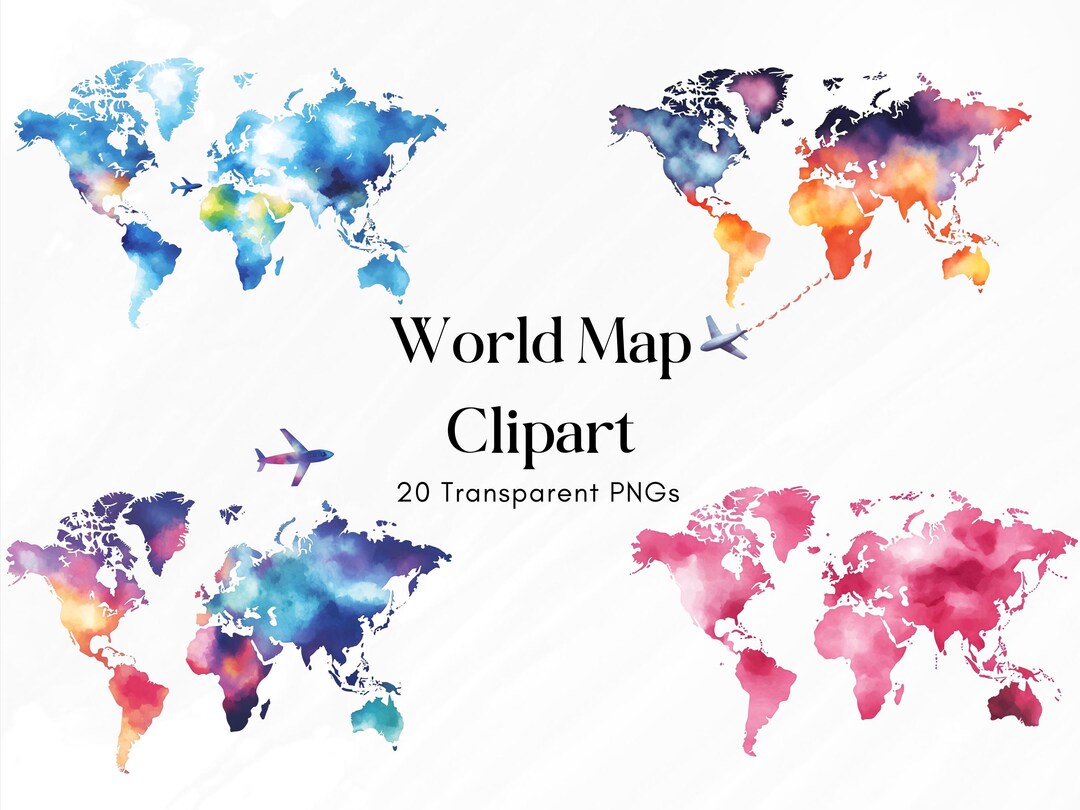 Travel the World Map Clipart PNG Bundle, Watercolor Travel Map Graphics ...