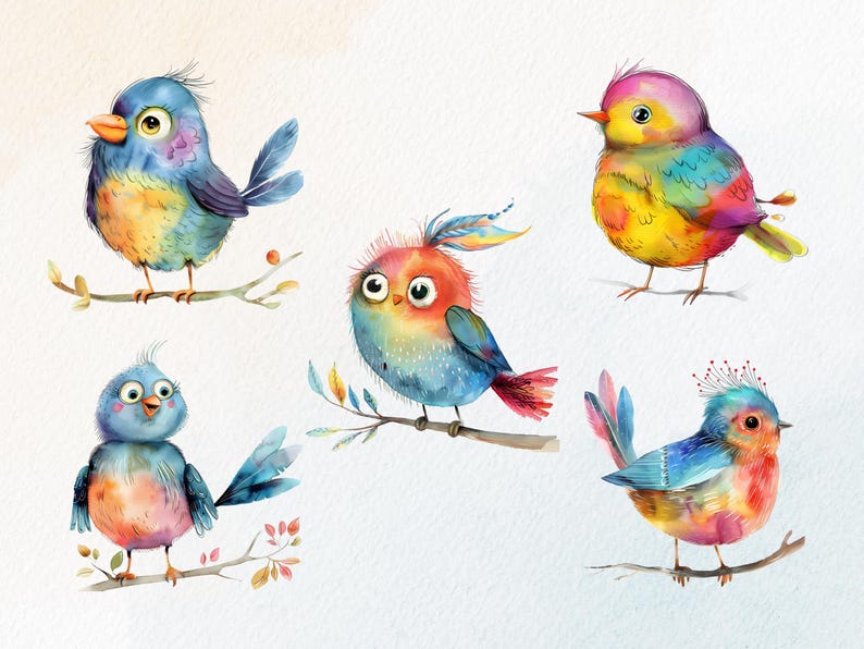 30 Cute Whimsical Bird Clipart, Funny Bird Clipart, Watercolor Clipart ...