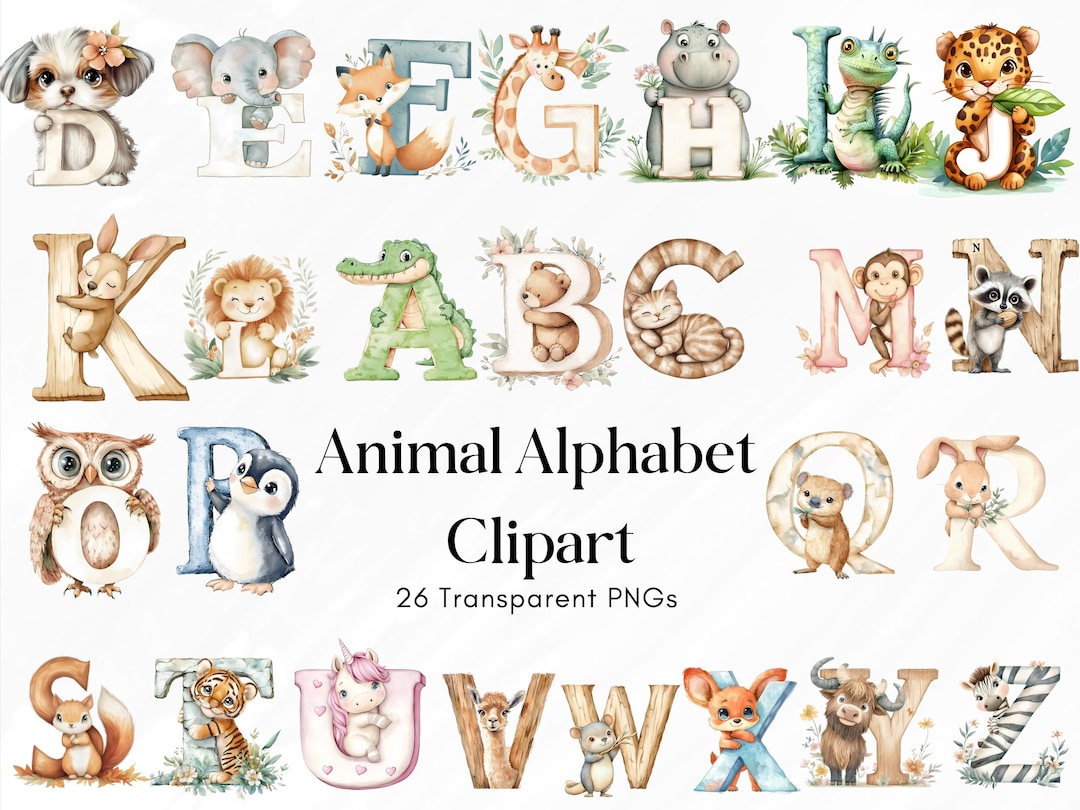 Watercolor Animal Alphabet Clipart, Cute Animal Letters PNG, Alphabet ...
