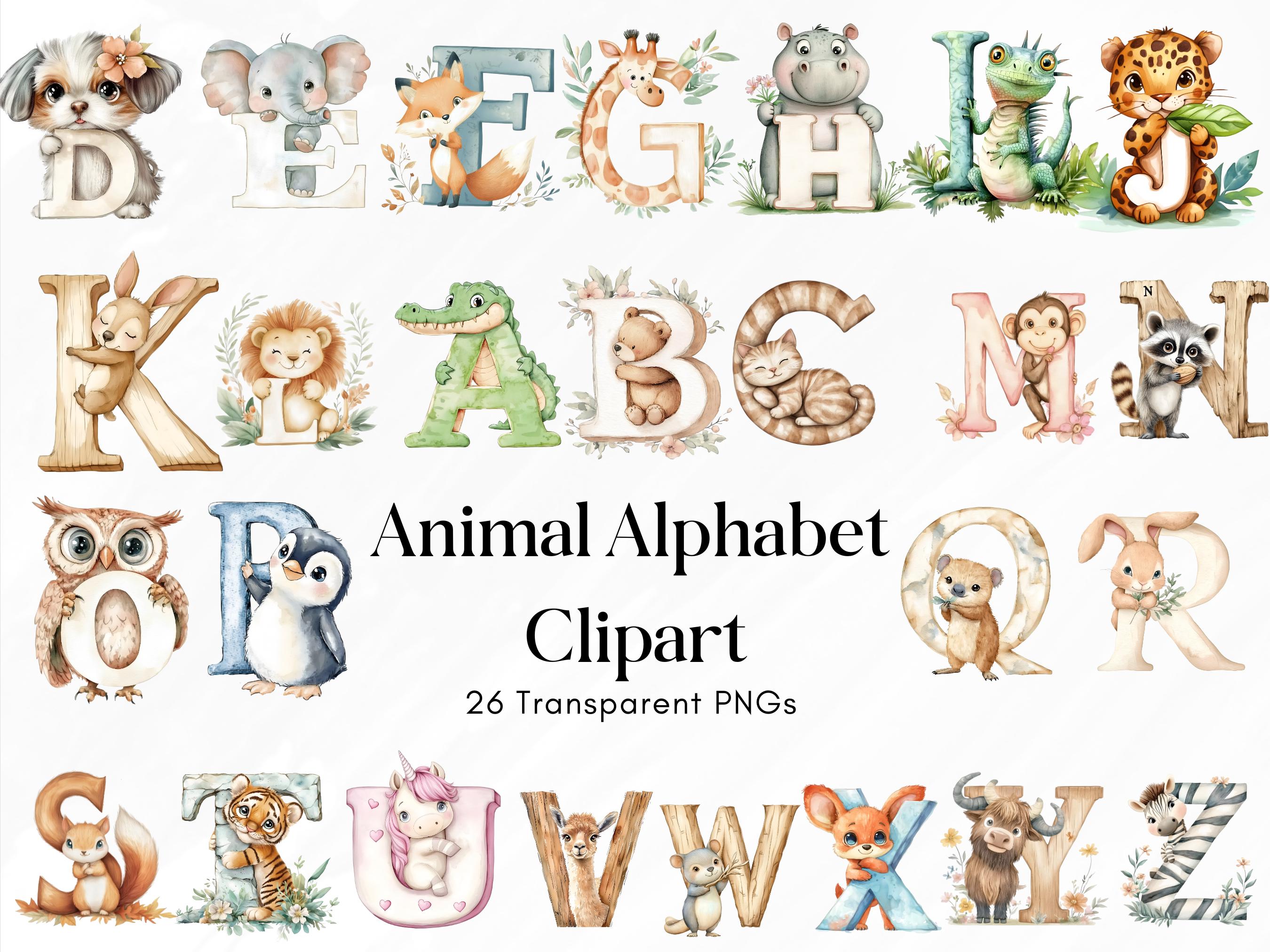 Watercolor Animal Alphabet Clipart, Cute Animal Letters PNG, Alphabet ...