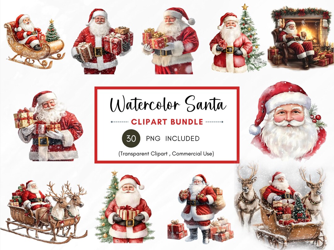Watercolor Santa Clipart Bundle, Santa Claus PNG Sweet Christmas ...
