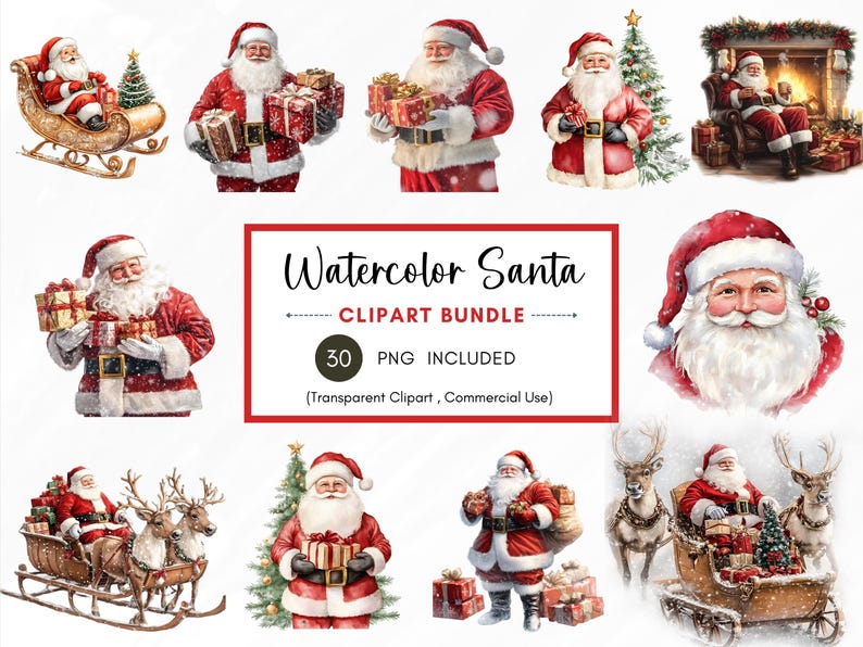 Watercolor Santa Clipart Bundle, Santa Claus PNG Sweet Christmas ...