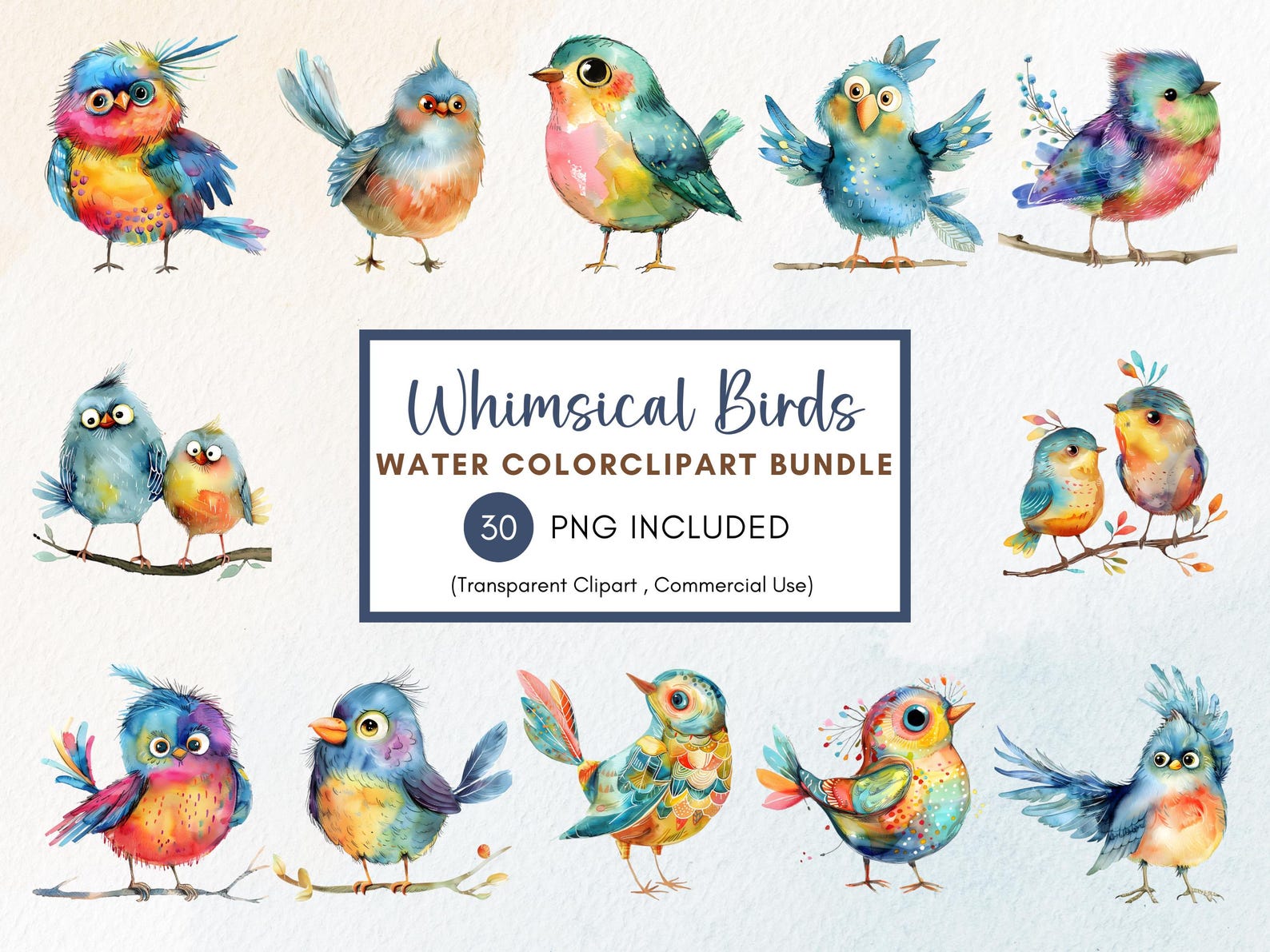 30 Cute Whimsical Bird Clipart, Funny Bird Clipart, Watercolor Clipart ...