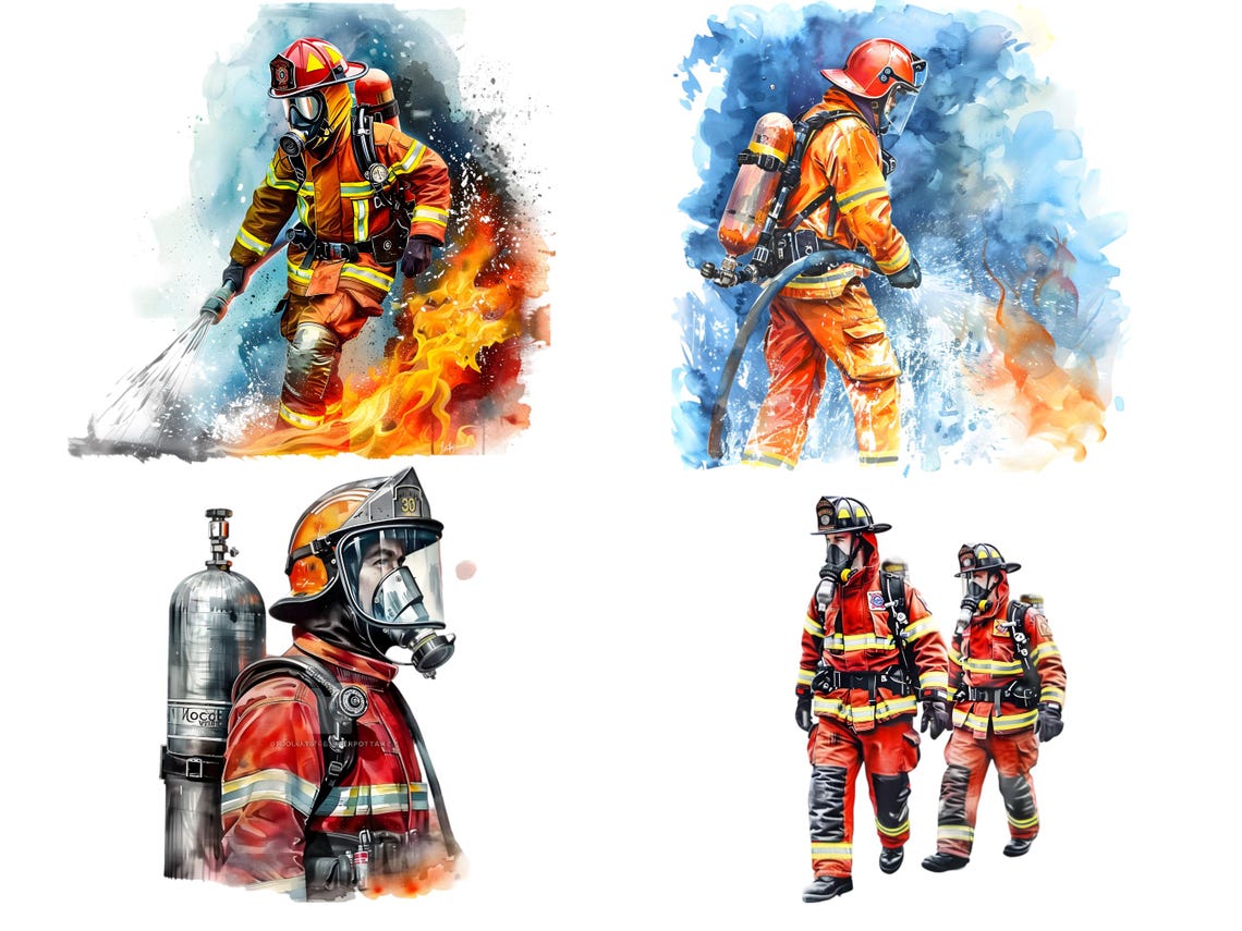 Firefighters Clipart Bundle, Watercolor Fire Graphics, Fireman Clipart ...