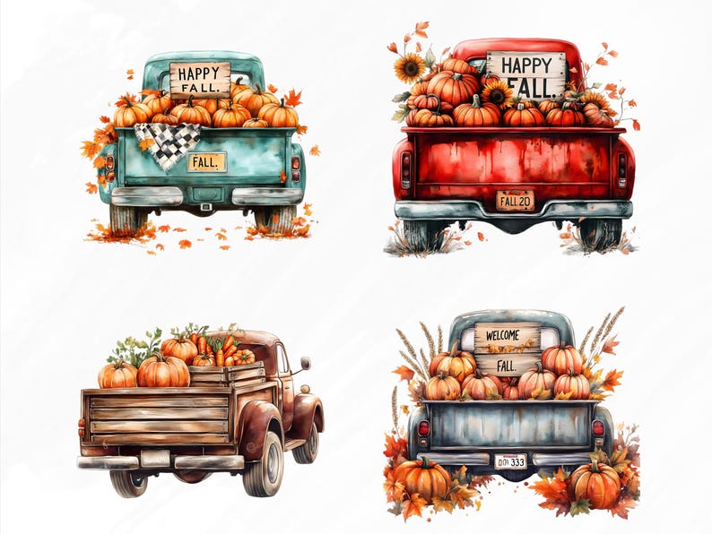 30 Fall Truck Clipart Bundle | Pumpkin & Sunflower Vintage Trucks ...