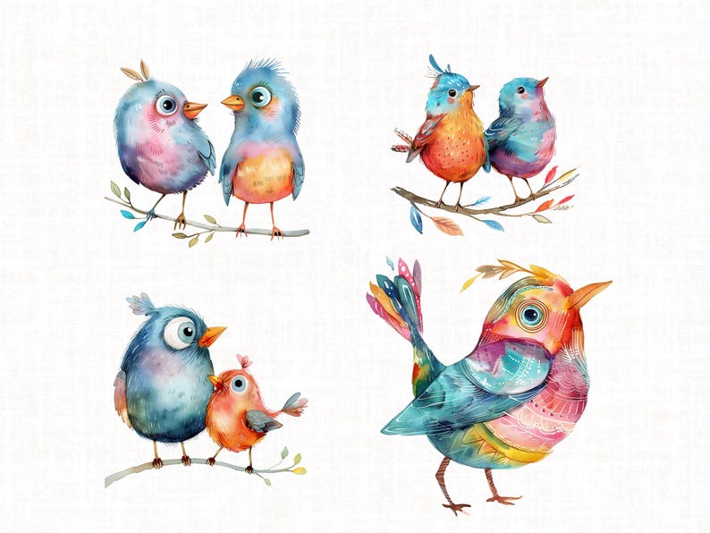 30 Cute Whimsical Bird Clipart, Funny Bird Clipart, Watercolor Clipart ...