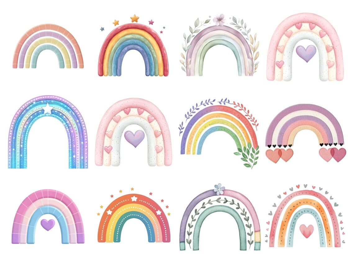 Boho Rainbow Clipart PNG Bundle, Cute Rainbow PNG, Boho Rainbow Clipart ...