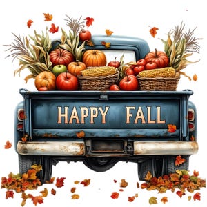 Vintage Green Truck Fall Harvest Clipart Bundle, Autumn Farm Truck With ...